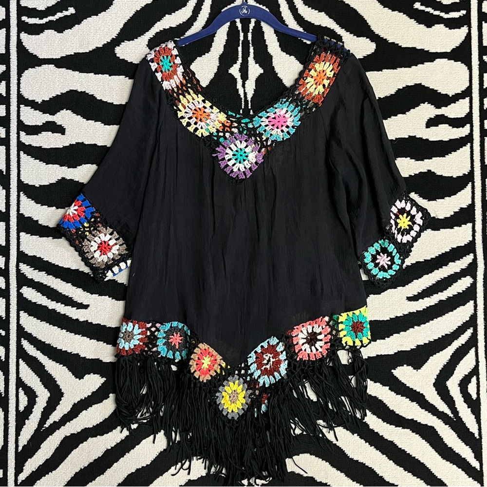 Boho Western Granny Square Crochet Fringe Tunic Top S… - Gem